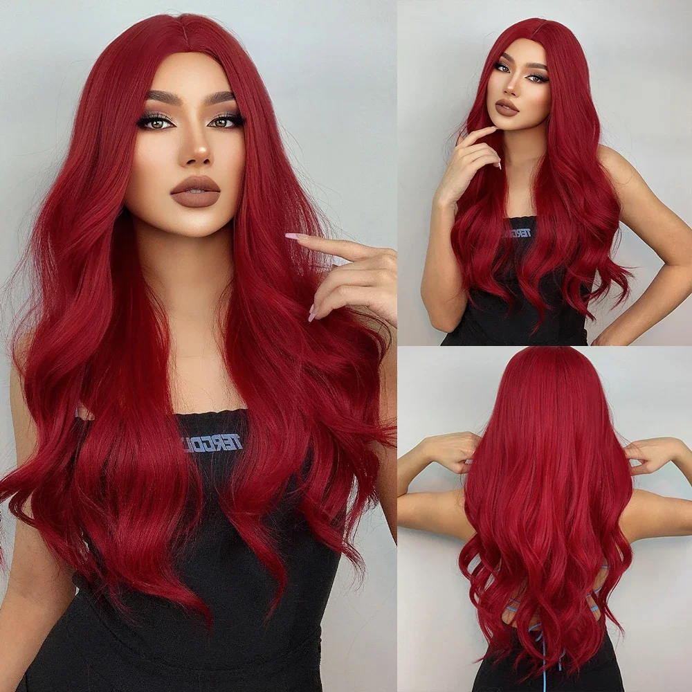 Wine-Red-Long-Wavy-Synthetic-Hair-for-Women-Red-Body-Wave-Halloween ...