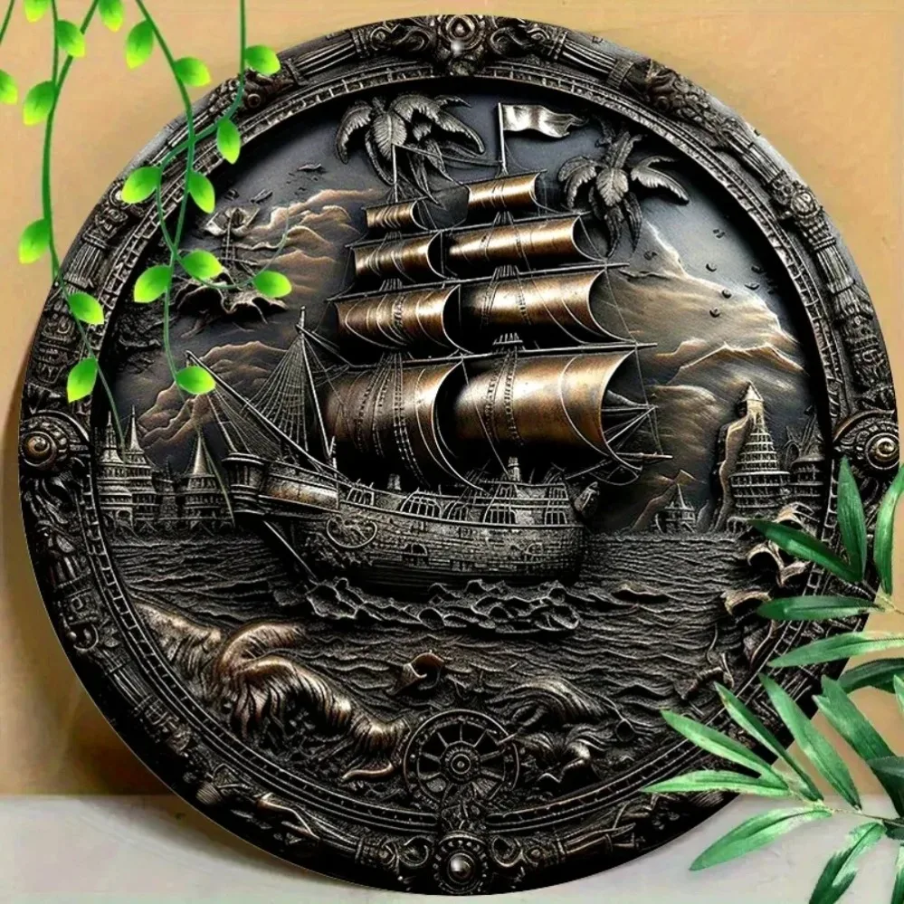 3D Pirate Ship Metal Wall Art: Aluminum Round Relief Sculpture ...