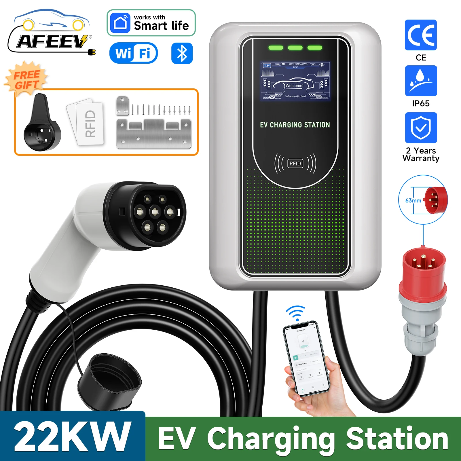 AFEEV 7KW/11KW/22KW EV Charging Station with CEE Plug Type2 IEC62196-2 ...