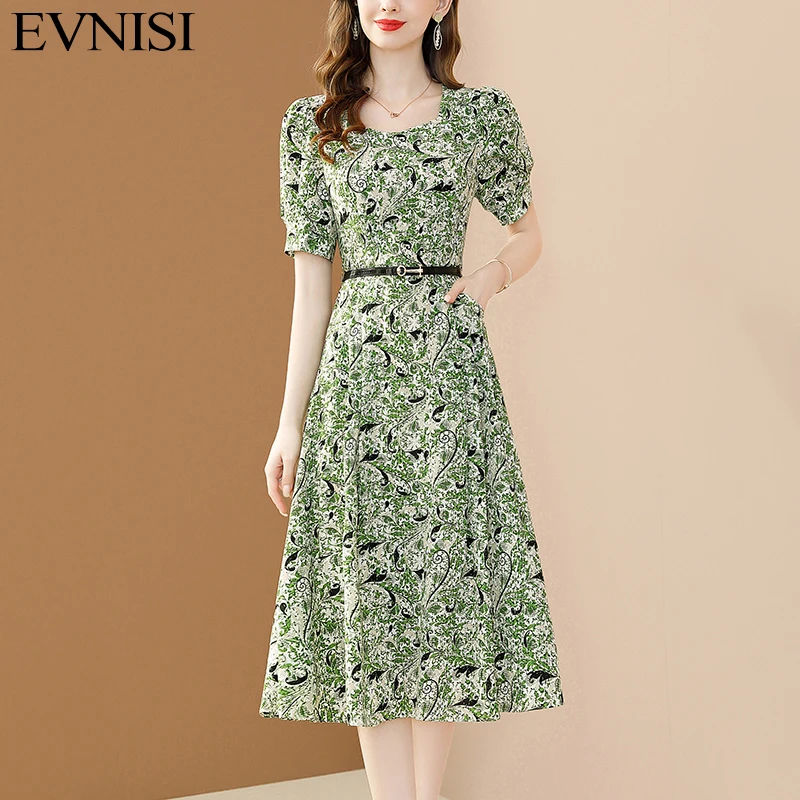 EVNISI-Women-Boho-Floral-Chiffon-Dress-Square-Collar-Elegant-Belt-Party ...