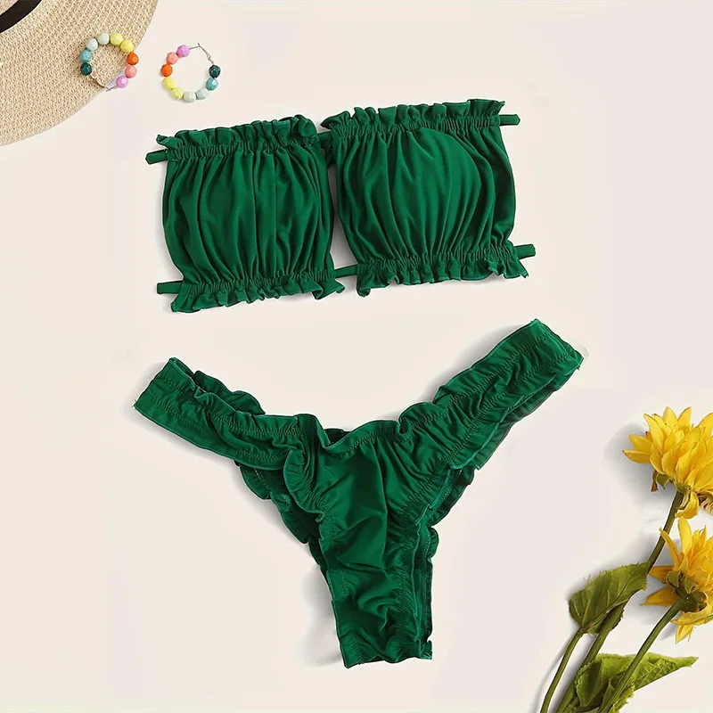 sexy green wrinkled ruffles bandeau bikinis sets two pieces plain ...