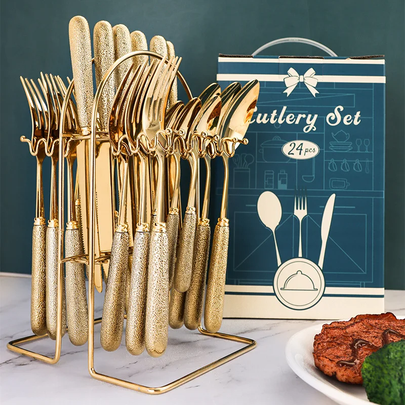 24-Pcs-Stainless-Steel-Cutlery-Hammer-Pattern-Ceramic-Handle-Knife-Fork ...