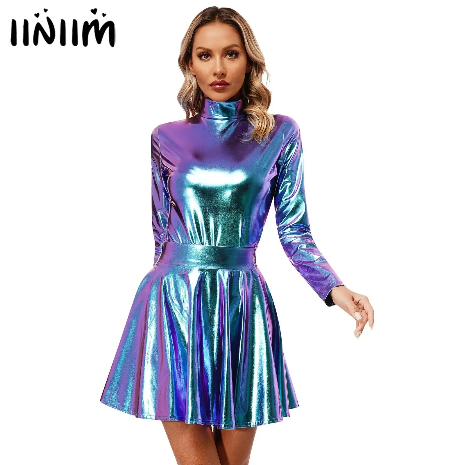 Womens-Shiny-Glossy-Club-Dress-Long-Sleeve-Turtleneck-Zipper-Leotard ...