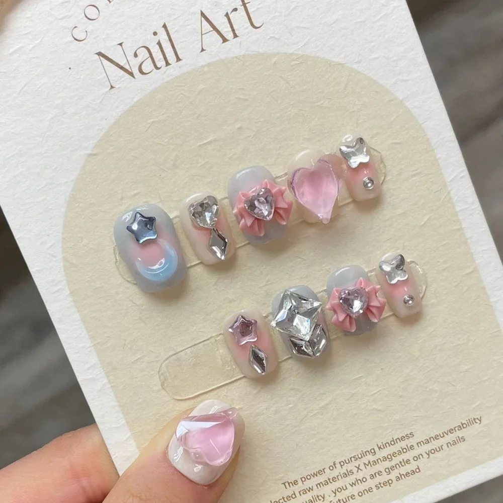 Handmade Cute Press on Nails Short Pink Korean Kawaii Reusable Adhesive Fake Nails Charm Design ...
