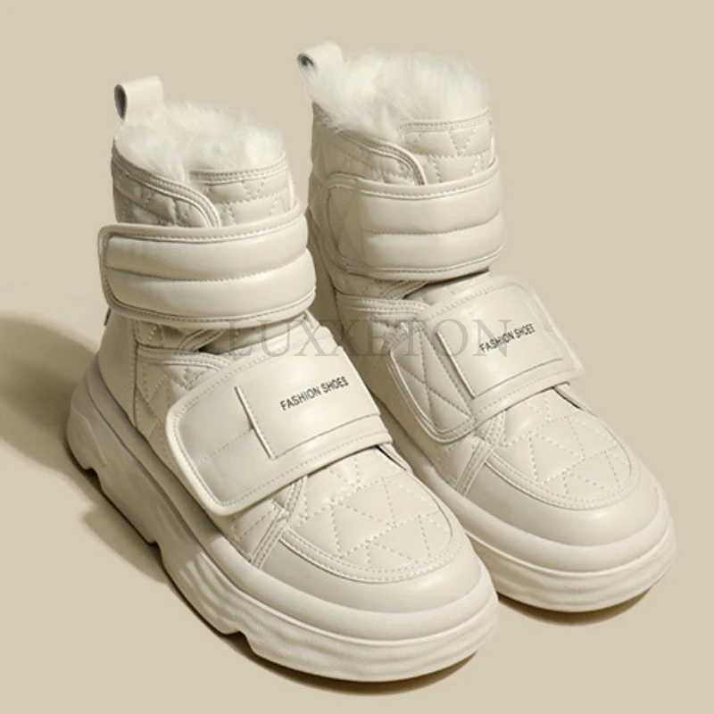 Fur White Boots Women Padded Cotton Shoes Winter Warm Pu Leather Snow ...