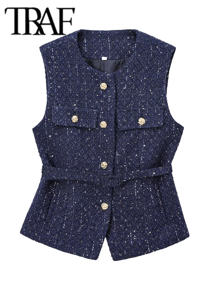 TRAF-Women-Sequin-Tweed-Vest-New-Fashion-With-Belt-Vests-for-Women-2024 ...
