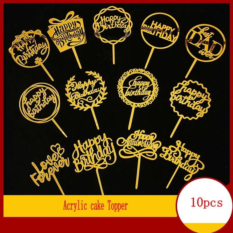 10Pcs Mirror Gold Acrylic Cake Toppers Happy Birthday Cake Toppers ...