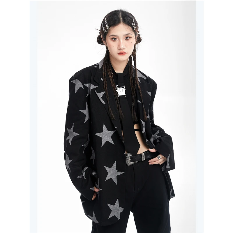 Women-s-Clothing-Black-Suit-Coat-Star-Print-Single-breasted-Contrasting ...