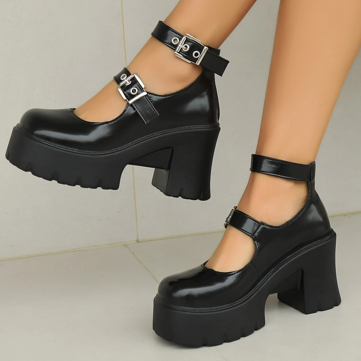Gothic-Chunky-Platform-Pumps-for-Women-Super-High-Heels-Ankle-Strap ...