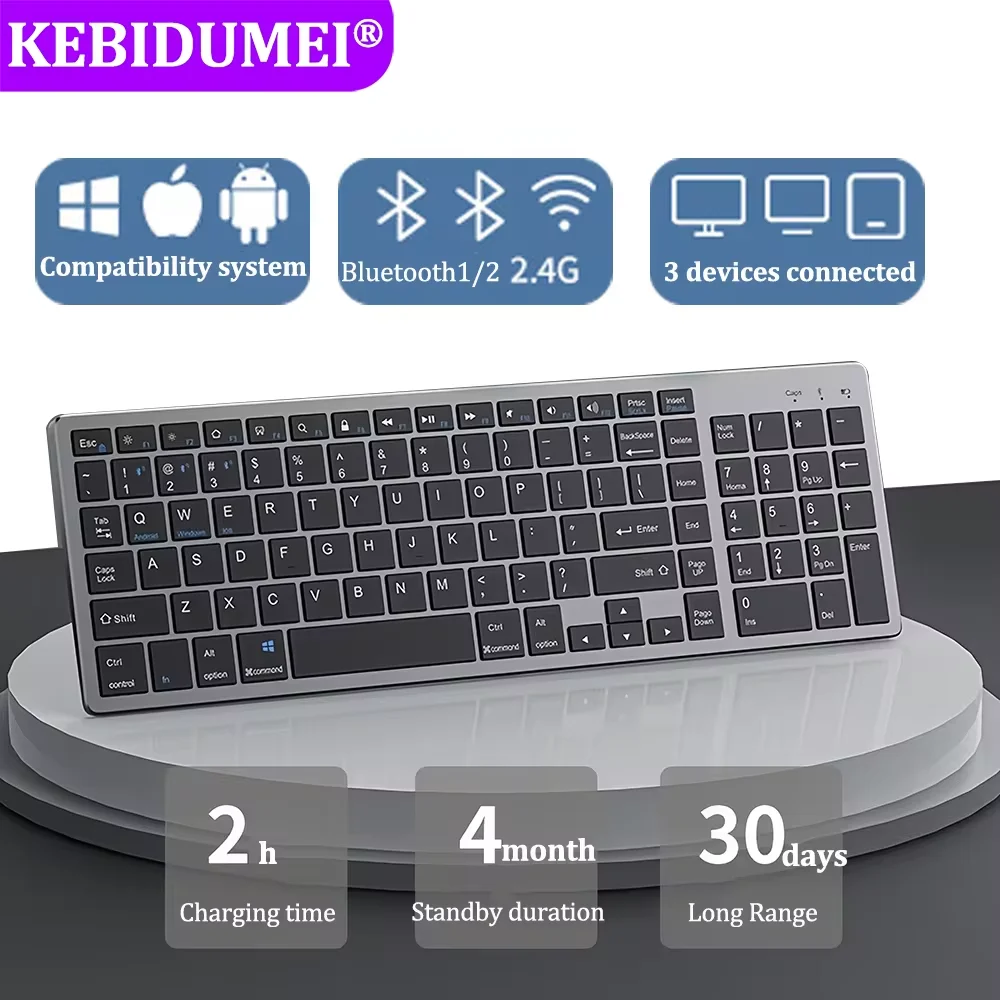 Teclado sem fio Bluetooth duplo, 2.4G, 102 teclas, USB C, recarregável ...