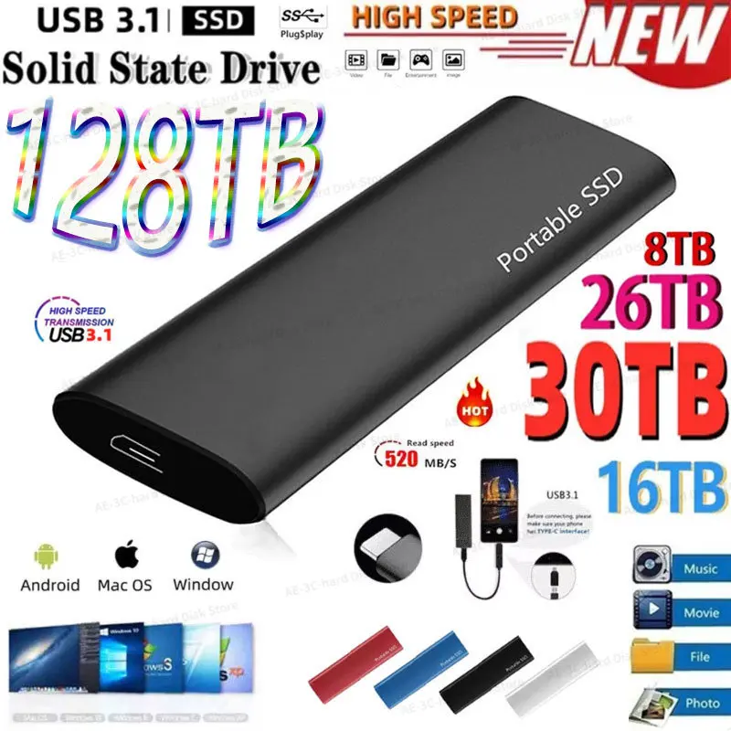 New 128TB M.2 SSD 64TB 32TB 500GB Type C 1TB External Hard Drive Usb 3. ...