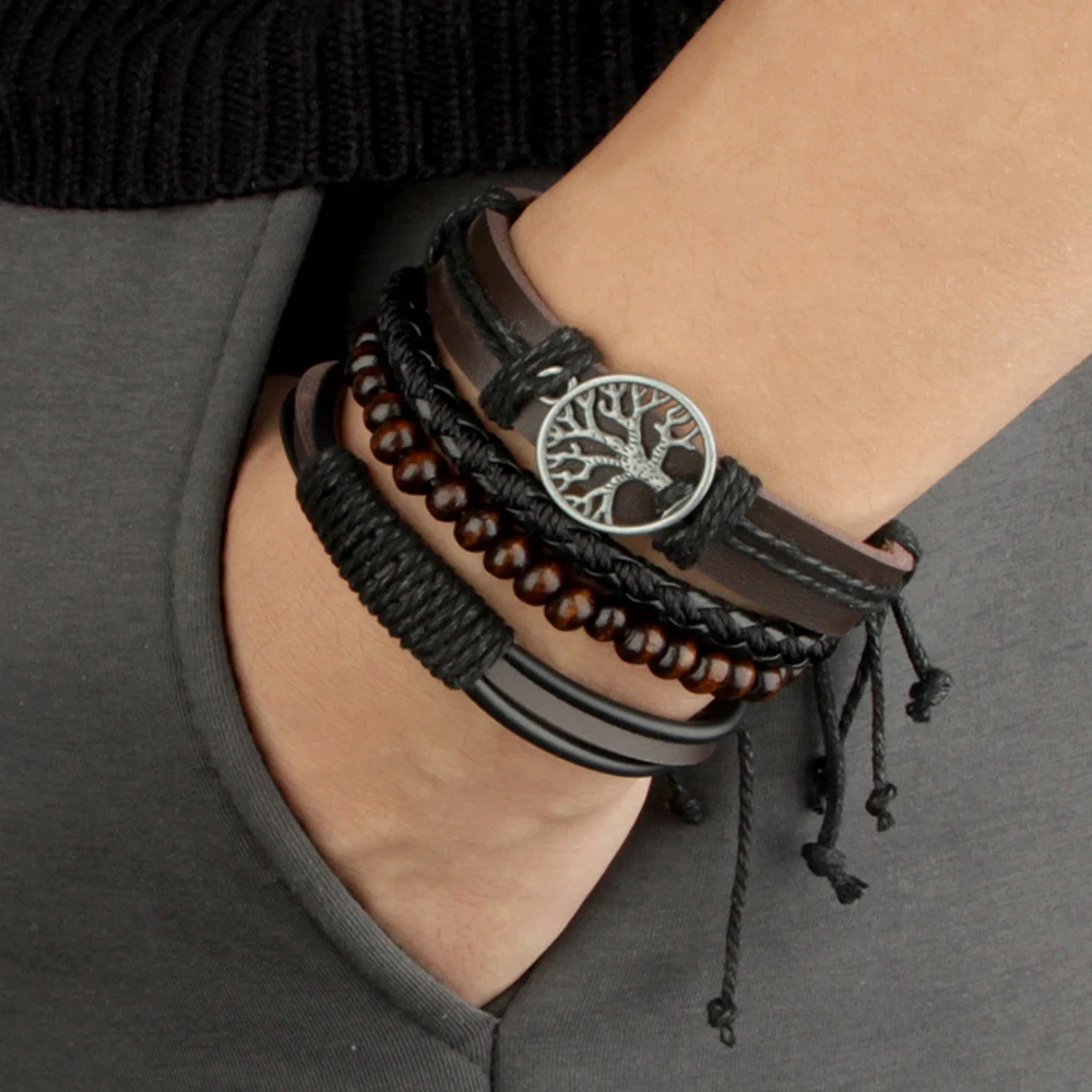 Pulsera-de-cuero-con-abalorios-de-madera-para-hombre-brazalete-de-cuerda-estilo-Vintage-Tribal ...