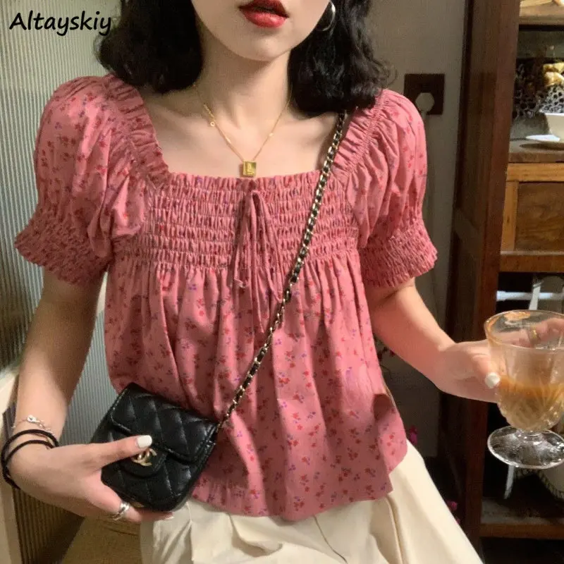 Pink-Floral-Puff-Sleeve-Blouses-Women-Sweet-Loose-Prairie-Chic-Lace-up ...