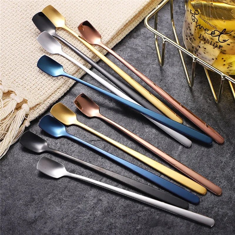 Square-Head-Stainless-Steel-Coffee-Spoon-Long-Handle-Teaspoon-Honey ...