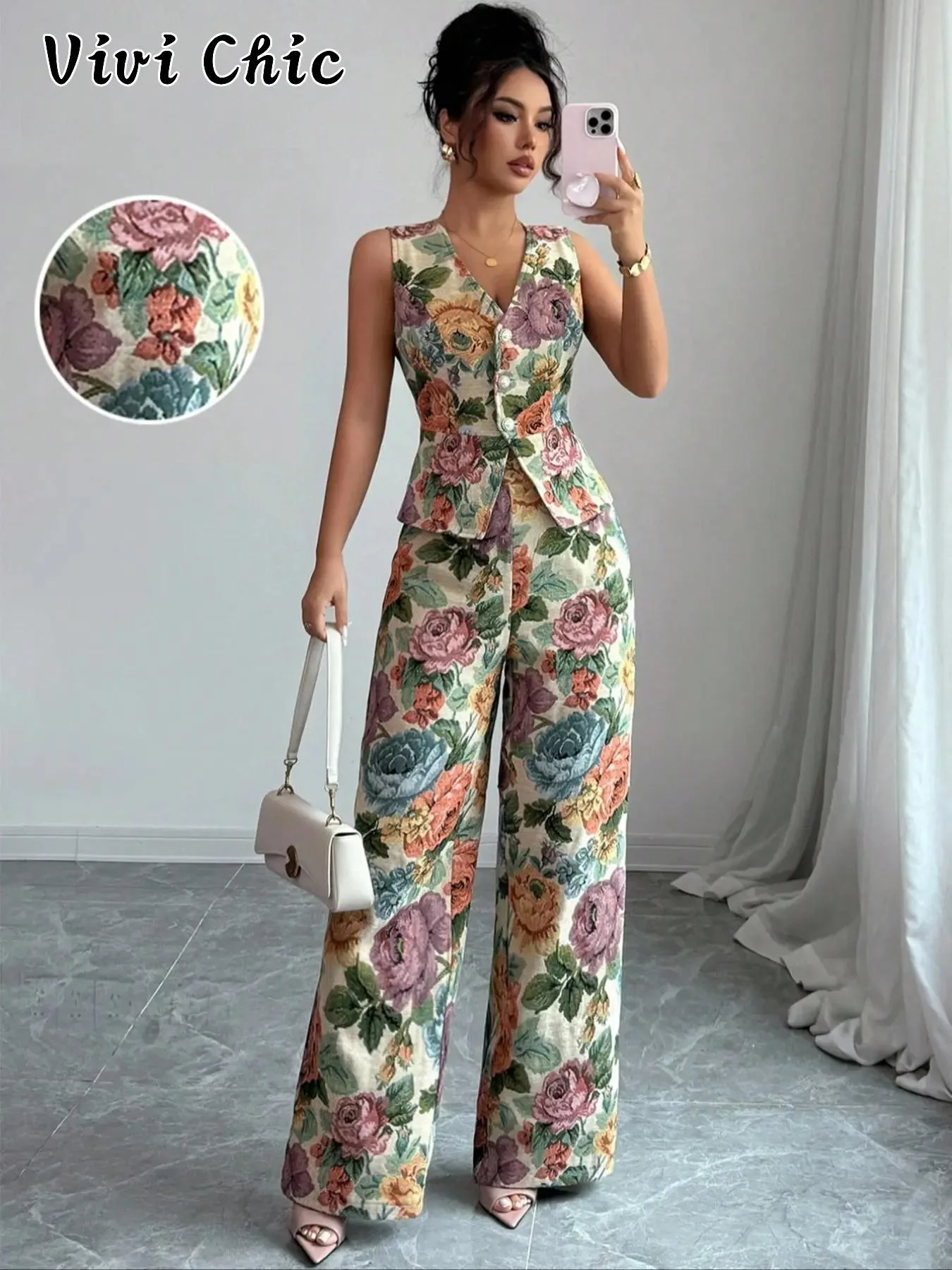 Women's Sleeveless Floral Peony Design Two-Piece Set, Casual Long Top ...