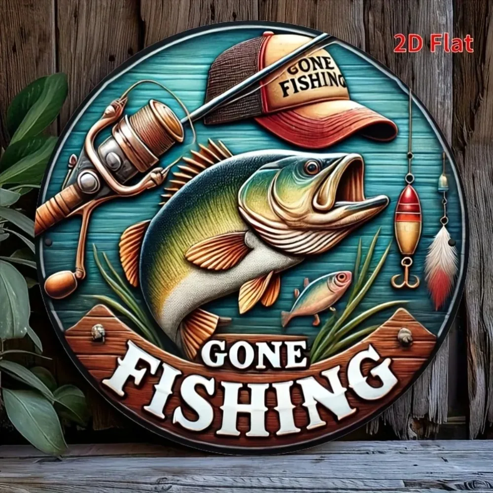 Vintage Fishing Welcome Sign, Round 2D Printed Metal Wall Art for Door ...