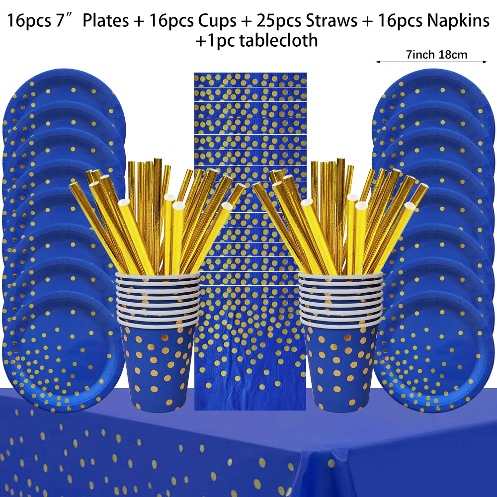 Blue-Gold-Dots-Disposable-Tableware-Set-Plates-Napkins-Straws-Cups-for ...