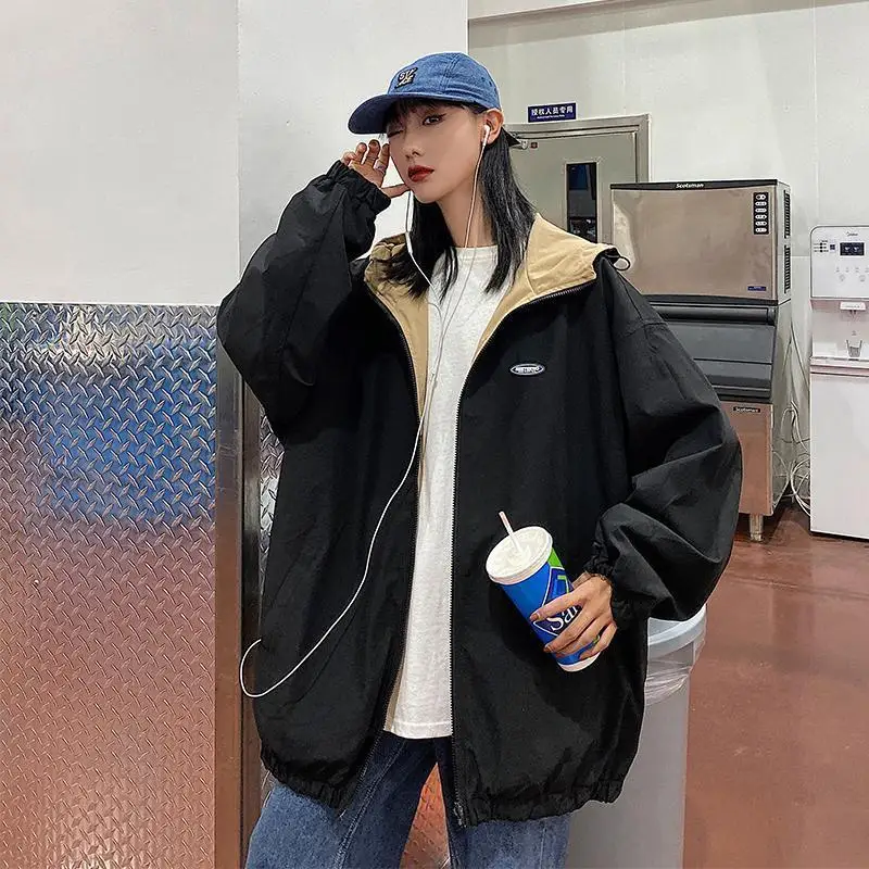 Retro Jacket Contrast Color Double Sided Jacket Women Hooded Street ...