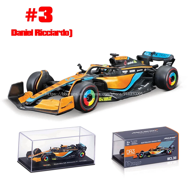 Bburago vehículo de aleación de lujo McLaren MCL36 #3 Daniel Ricciardo #4 Lando Norris, escala 1 ...