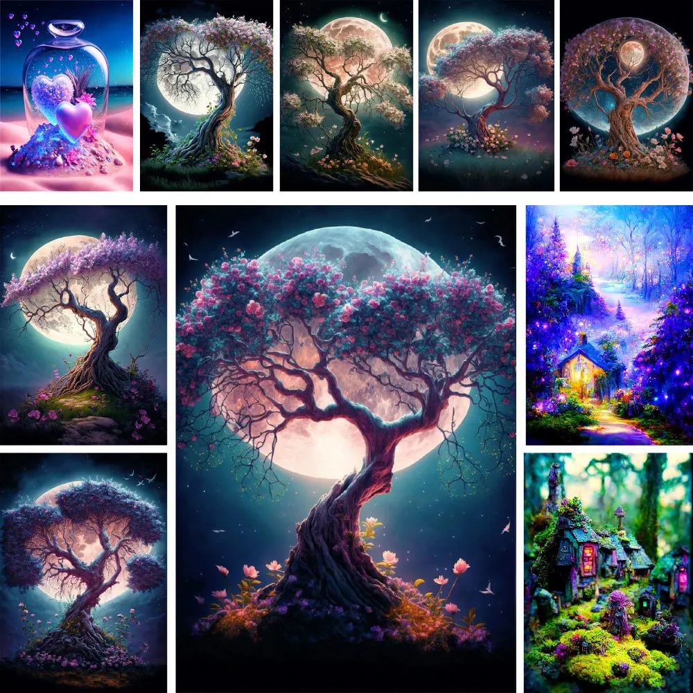 Tree-Moon-Landscape-Printed-Cross-Stitch-Embroidery-Complete-Kit-DMC ...