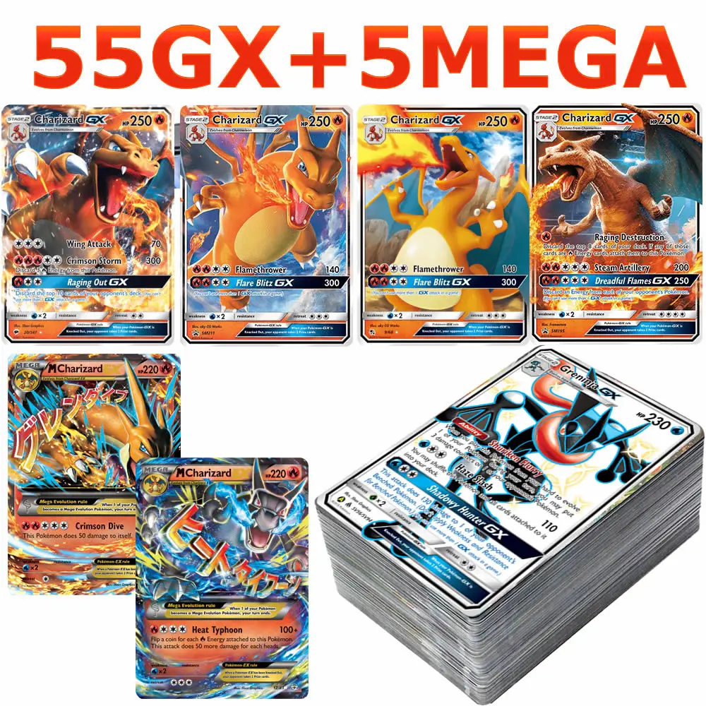 60Pcs Pokemon Kaarten Engels Versie 55GX Mega Charizard Pikachu Vmax Ex ...