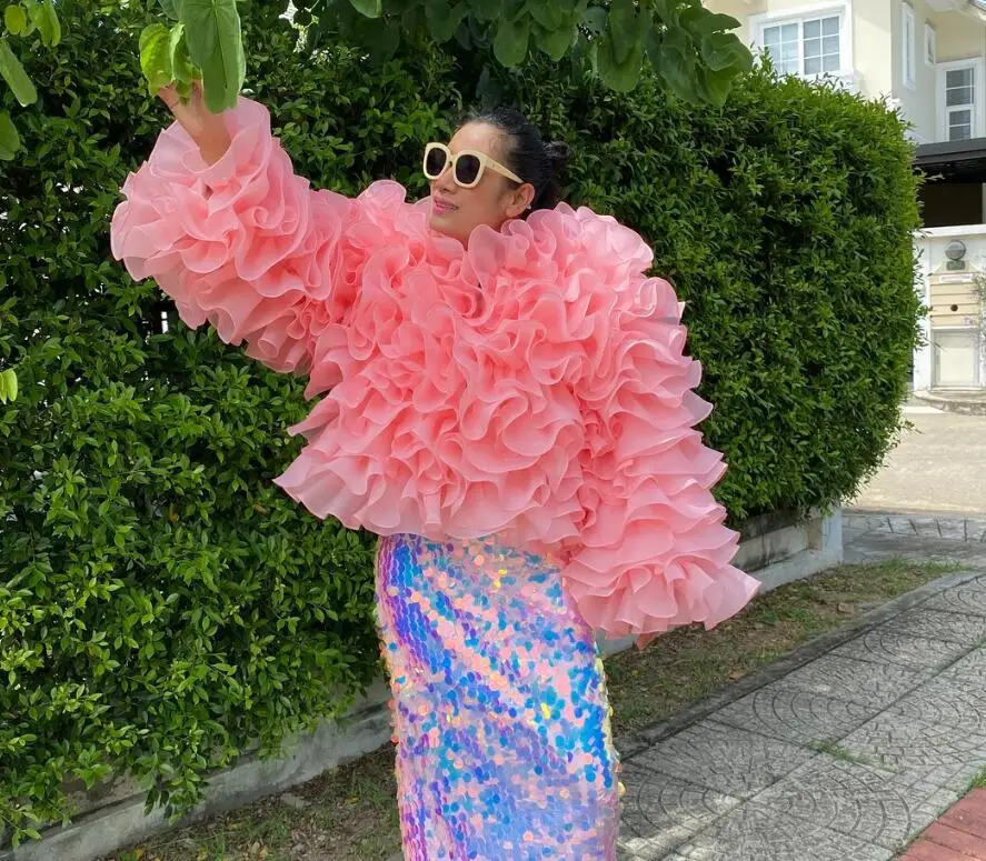 organza Jacket Top Ruffles Pink Blouse Tulle Layered Party Wear gown ...