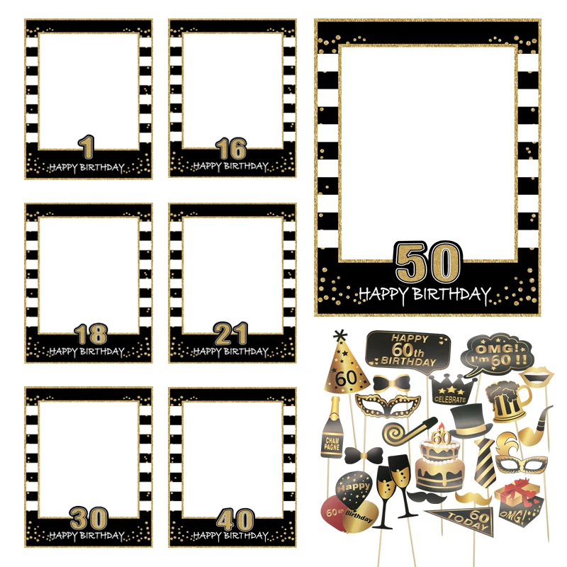 1Pcs-Black-Gold-Paper-Handheld-Photo-Frames-18-21-30-40-50-60-Years-Old ...