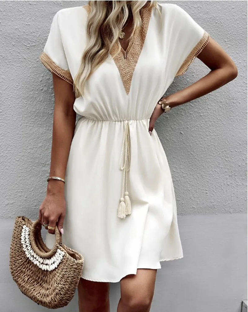 Women Elegante Mini Dress Summer Fashion V Neck Loose Lace Bohemian ...