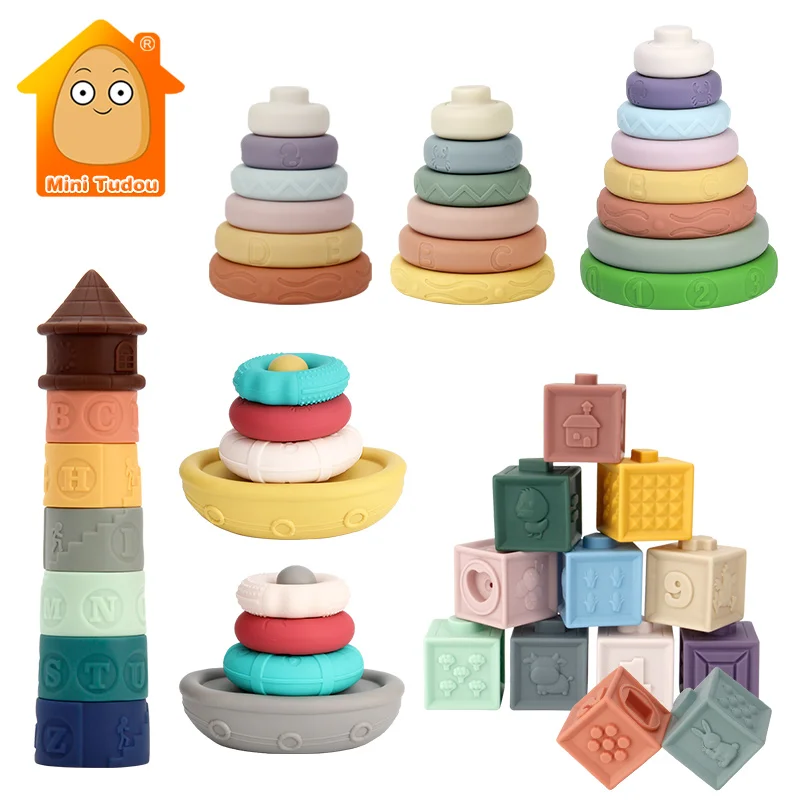 Baby Soft Toys Sensory Silicone Educational Building Blocks 3d Stacking ...