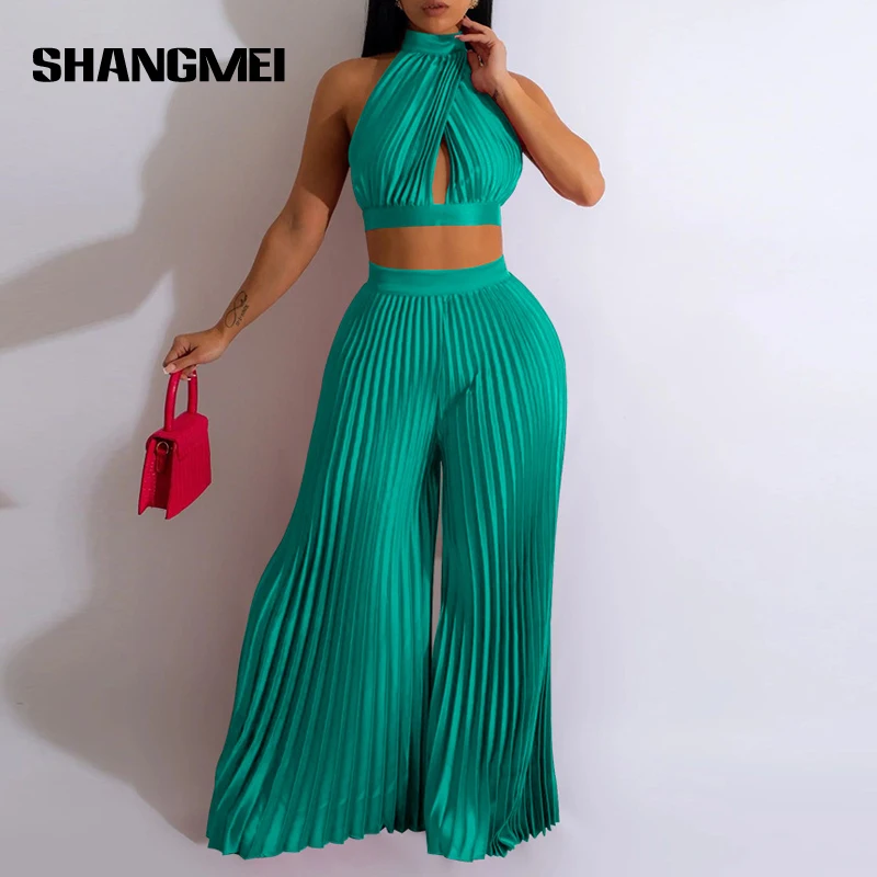 2-Two-Piece-Pleated-Pants-Suits-Casual-Chic-Solid-Color-Halter-Crop-Top ...