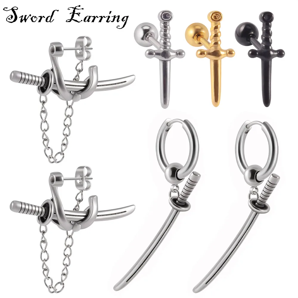 Pair-Stainless-Steel-New-Fashion-Samurai-Sword-Dagger-Ear-Studs-Helix ...