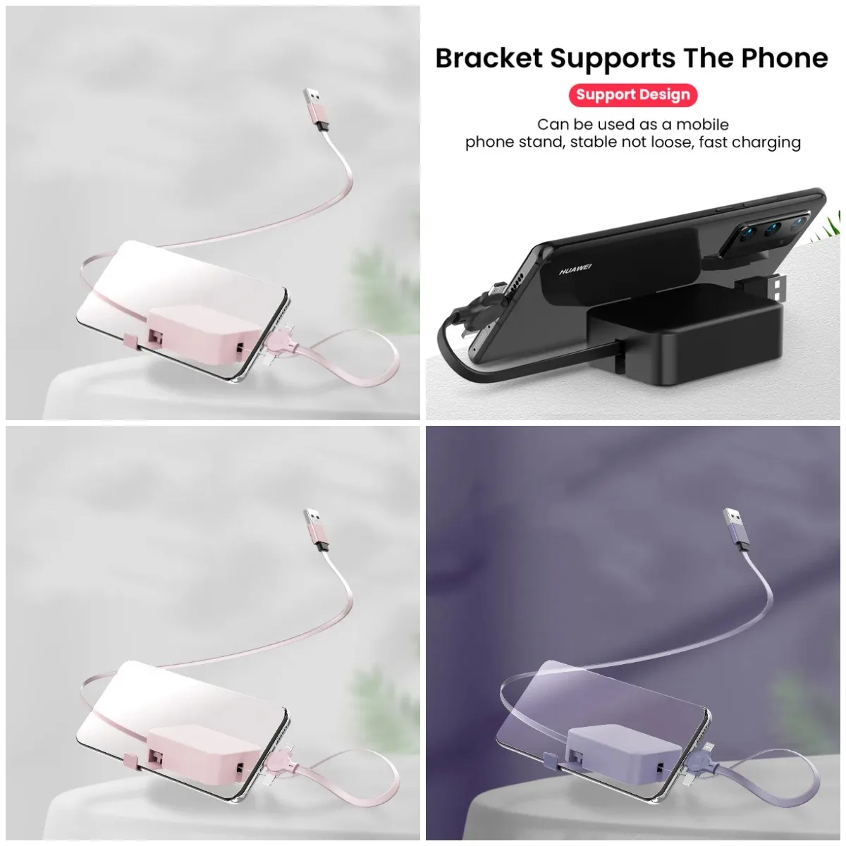 4-in-1 Retractable USB Cable with Phone Stand, Type C & Micro for ...
