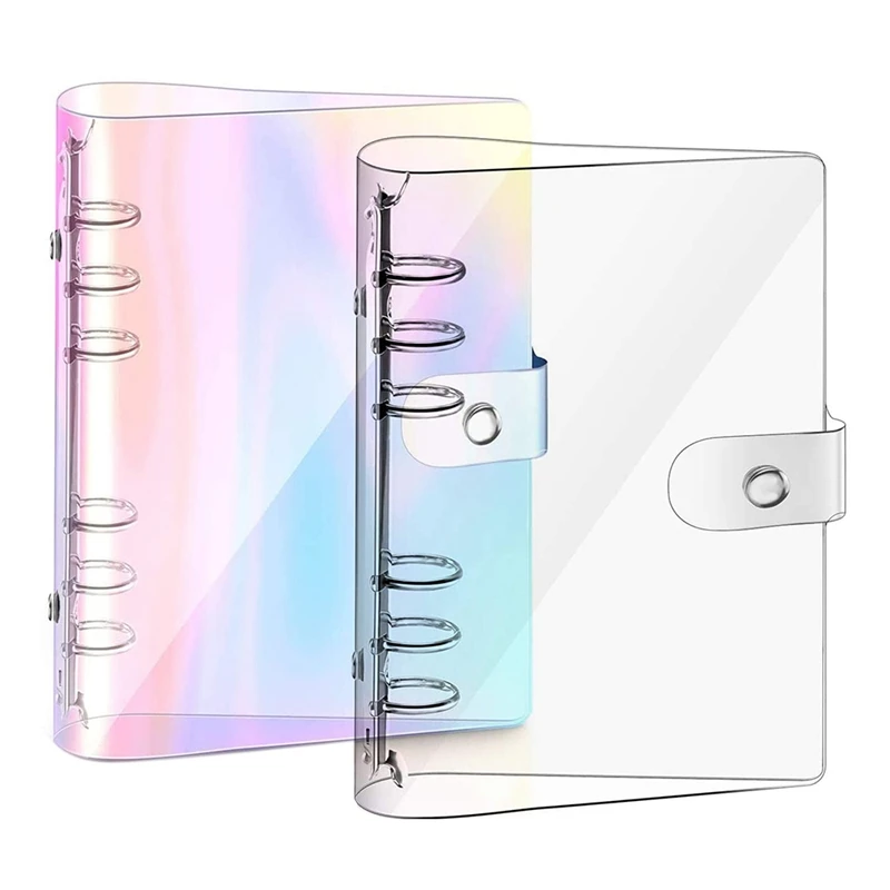 2 Pcs A6 6-ring Rainbow Clear Pvc Binder Cover Refillable Notebook ...