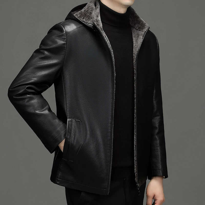 YN-2267 Autumn And Winter Men's Coat Stand Collar Hooded Natural Sheep Leather Short Jacket Lamb ...