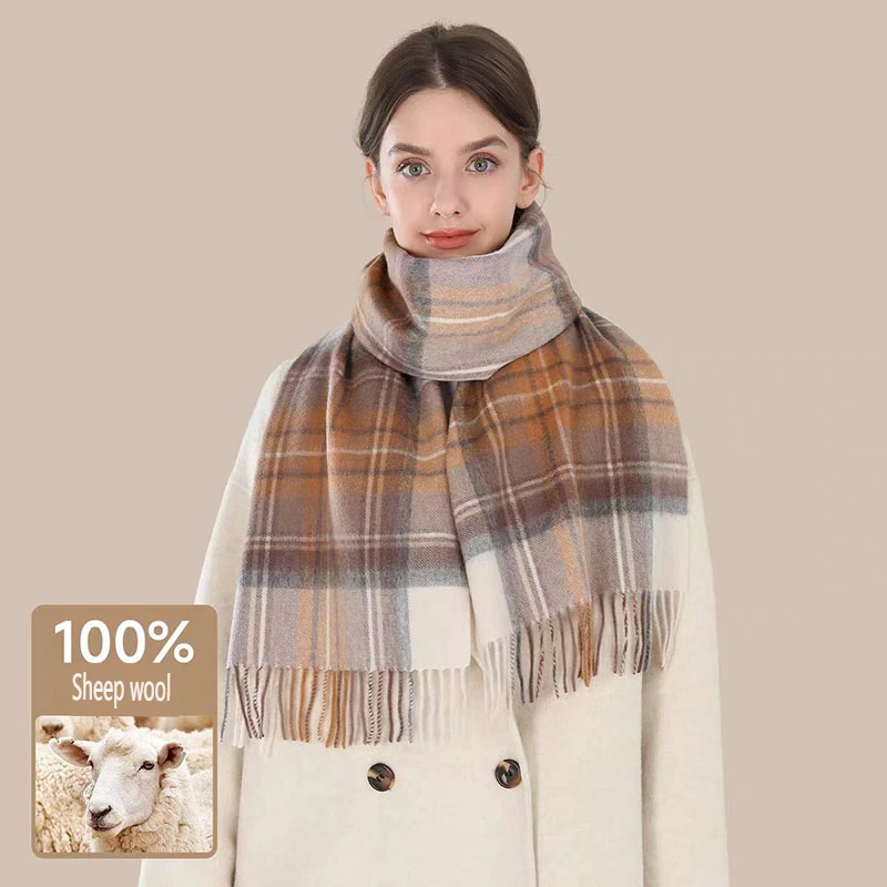 Winter Thickened 100% Pure Wool Scarf Women's Plaid Cashmere Scarf ...