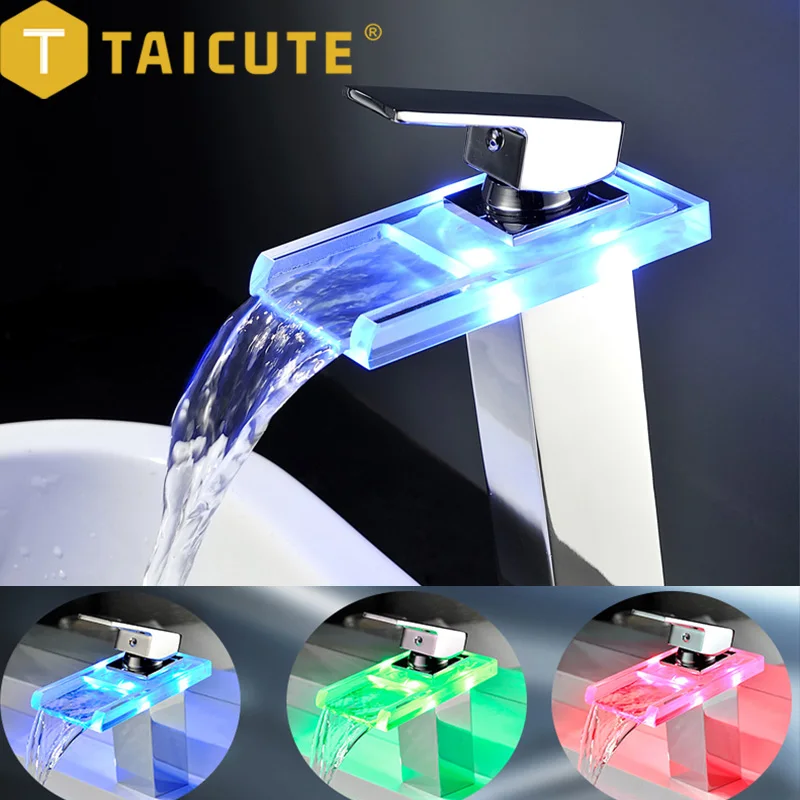 TAICUTE LED Basin Faucet Waterfall Sink Tap Brass Temperatures color ...