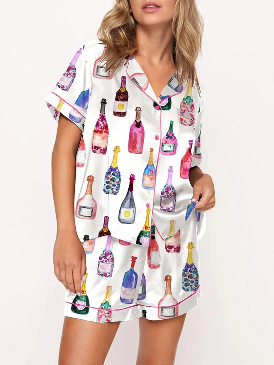 Champagne-Bottle-Pajamas-Set-for-Women-Short-Sleeve-Button-Down-Shirt ...