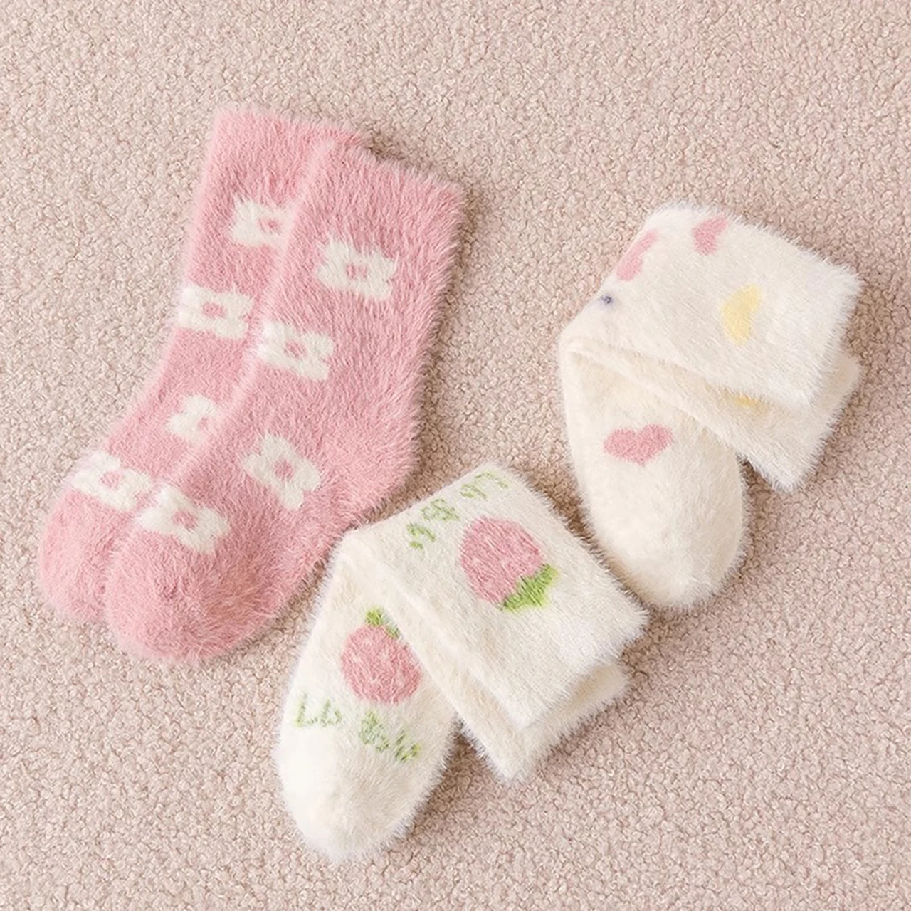 3 Pairs Sweet Cute Baby Socks Warm Winter Elastic Knitted Strawberry ...
