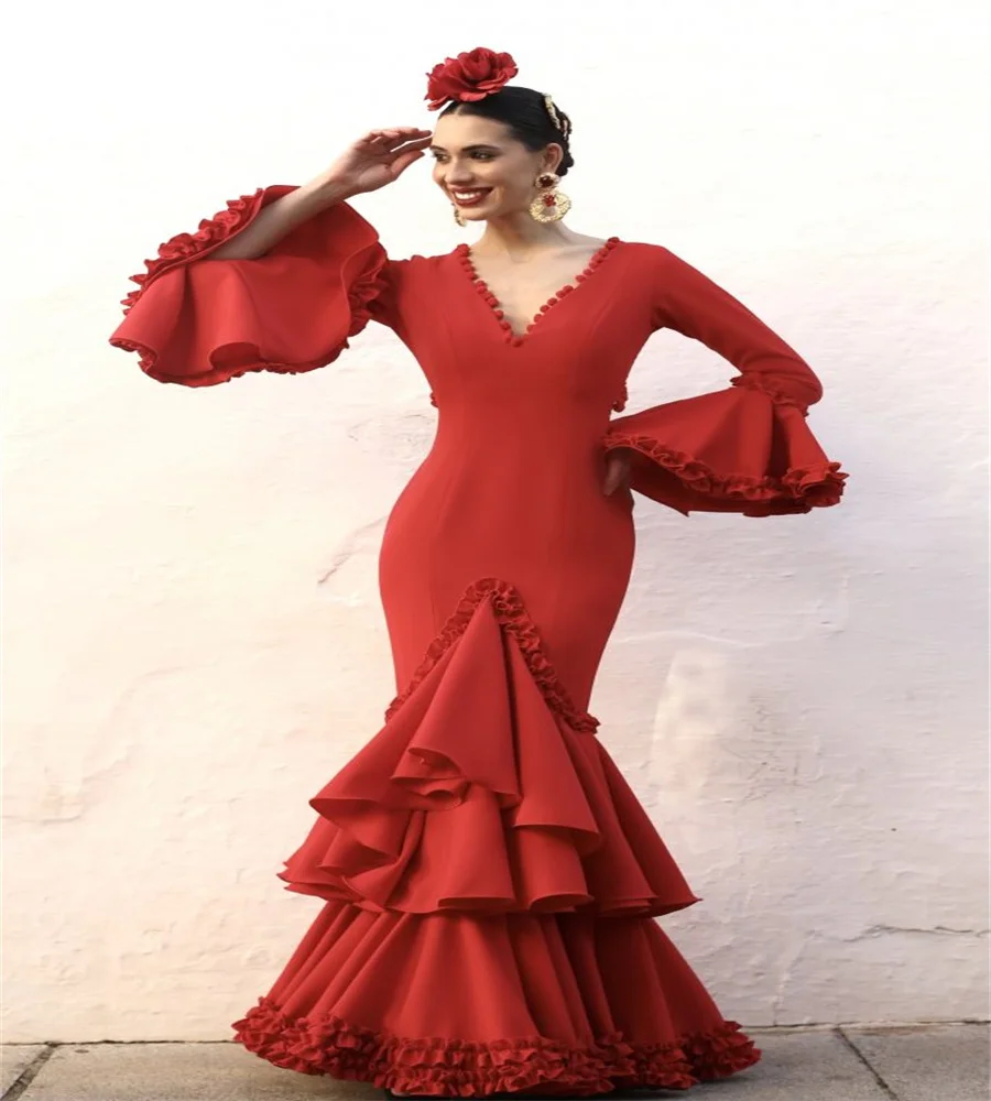 Spanish Flamenco Dance Evening Dress 2023 Cream Black Red Mermaid Long ...