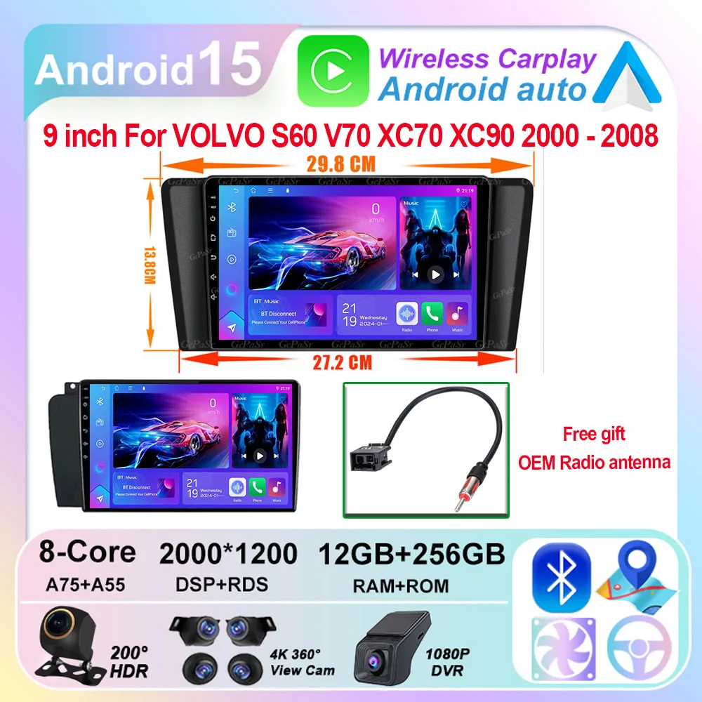 Para Volvo XC70 V70 S60 2004 2005 2006 2007 2008 2009 Android Auto ...