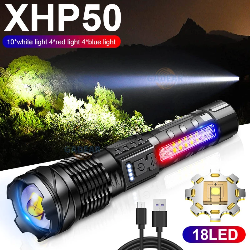 슈퍼 브라이트 LED 손전등, USB 충전식 XHP 50 LED Cob 사이드 라이트, 줌 가능 캠핑 야외 조명, 7 모델 ...