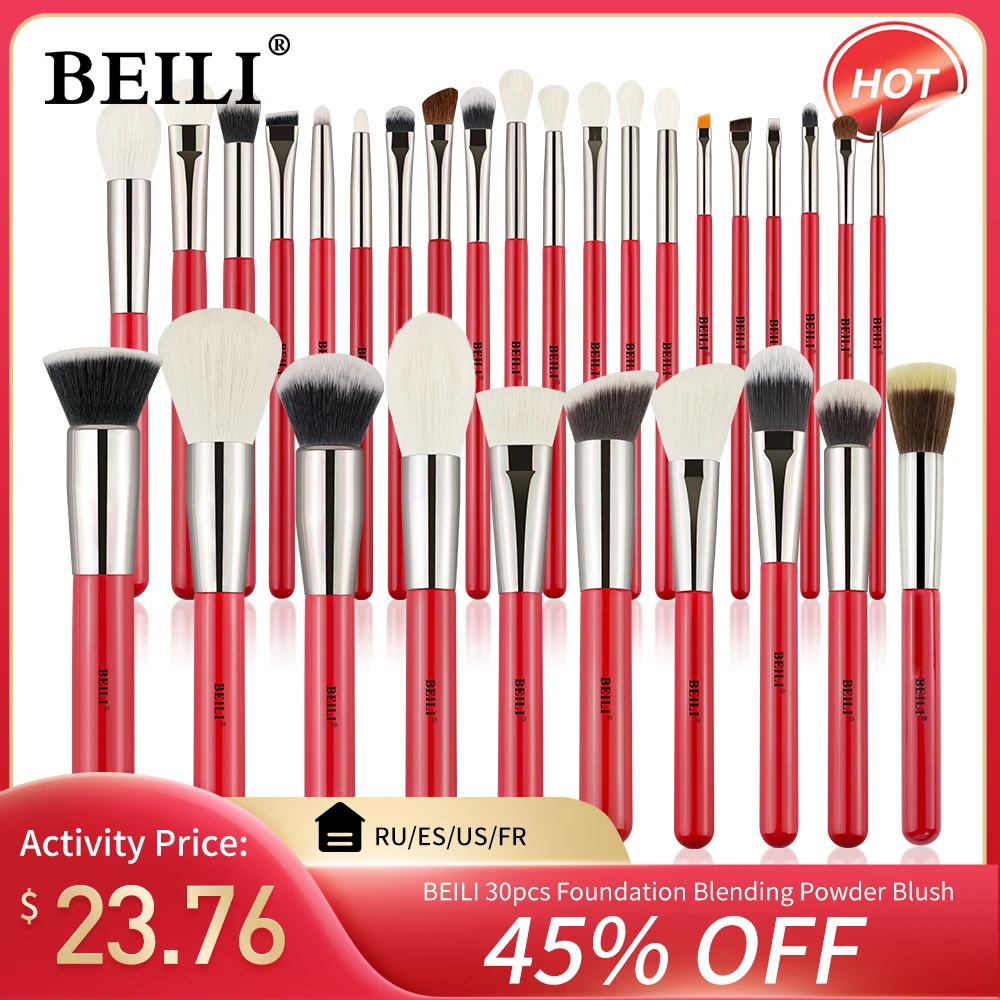 BEILI Red Natural Makeup Brushes Set 11 30pcs Foundation Blending ...
