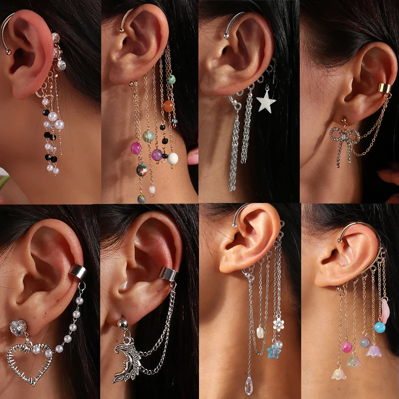 1pc Bohemian No Picering Pearls Stone Ear Cuff Wrap Stud Clip Earrings ...