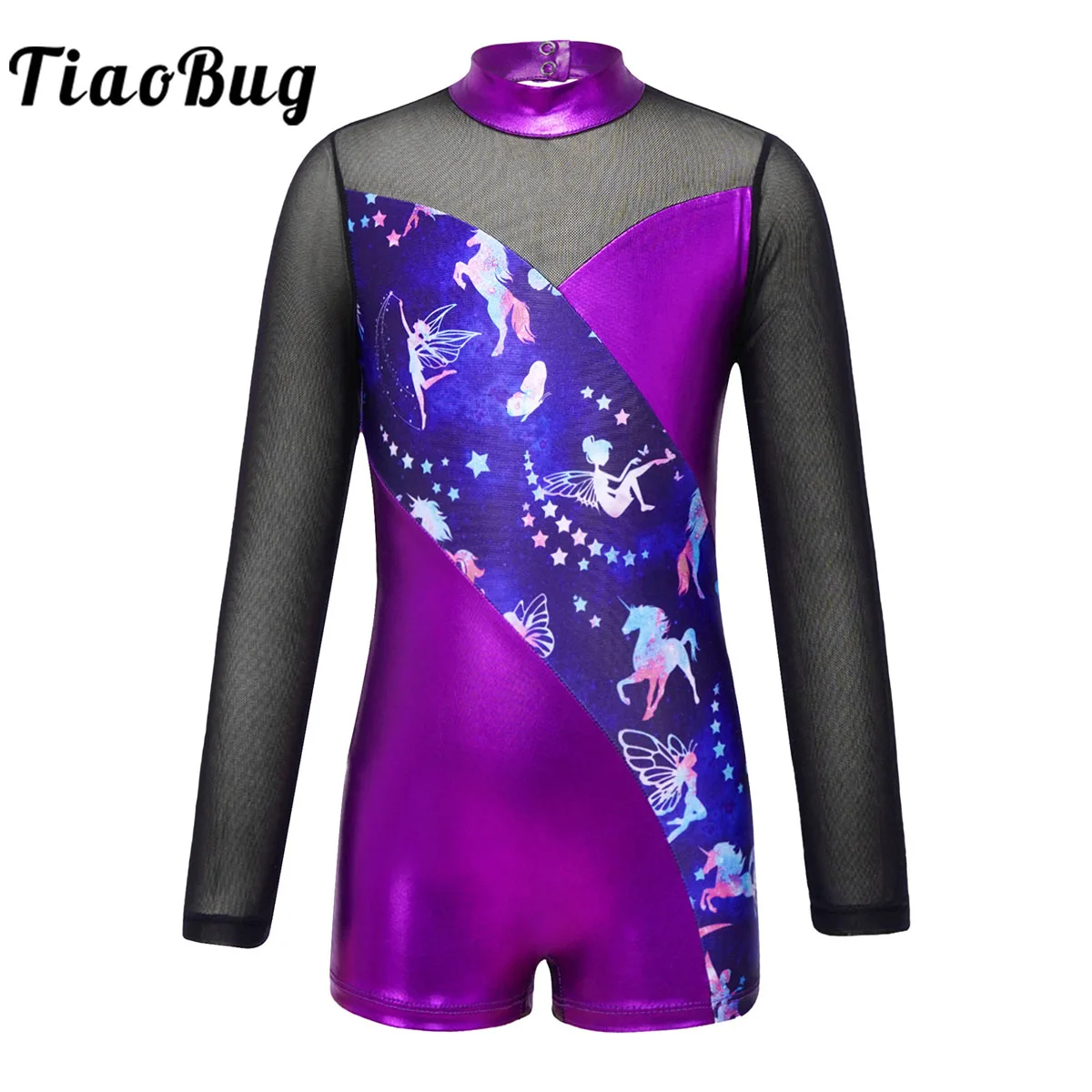 Kids Girls Ballet Gymnastics Leotard Metallic Mesh Long Sleeve Leopard ...