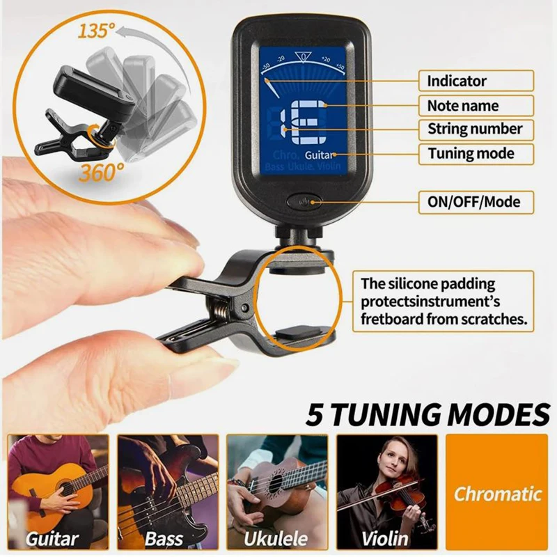 AROMA AT-01A Guitar Tuner Clip-On Tuner High Sensitivity 360 Degree ...
