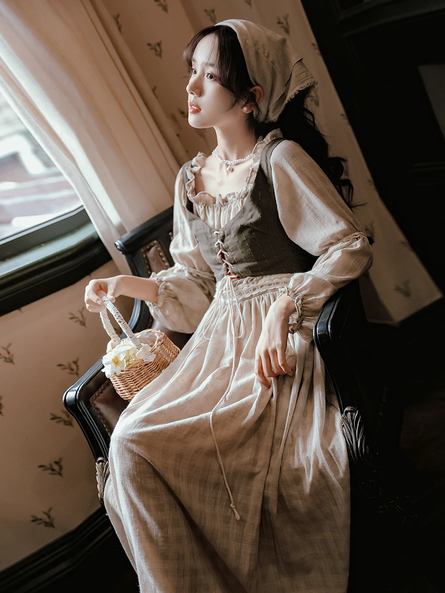 Medieval Cottagecore Cotton Linen Dress Woman Vintage French Style ...