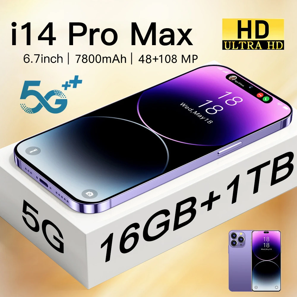 2023 5G Global Version I14 Pro Max Smartphone 6.7Inch 16GB+512GB 48+108 MP 7800mAh 4G /5G ...