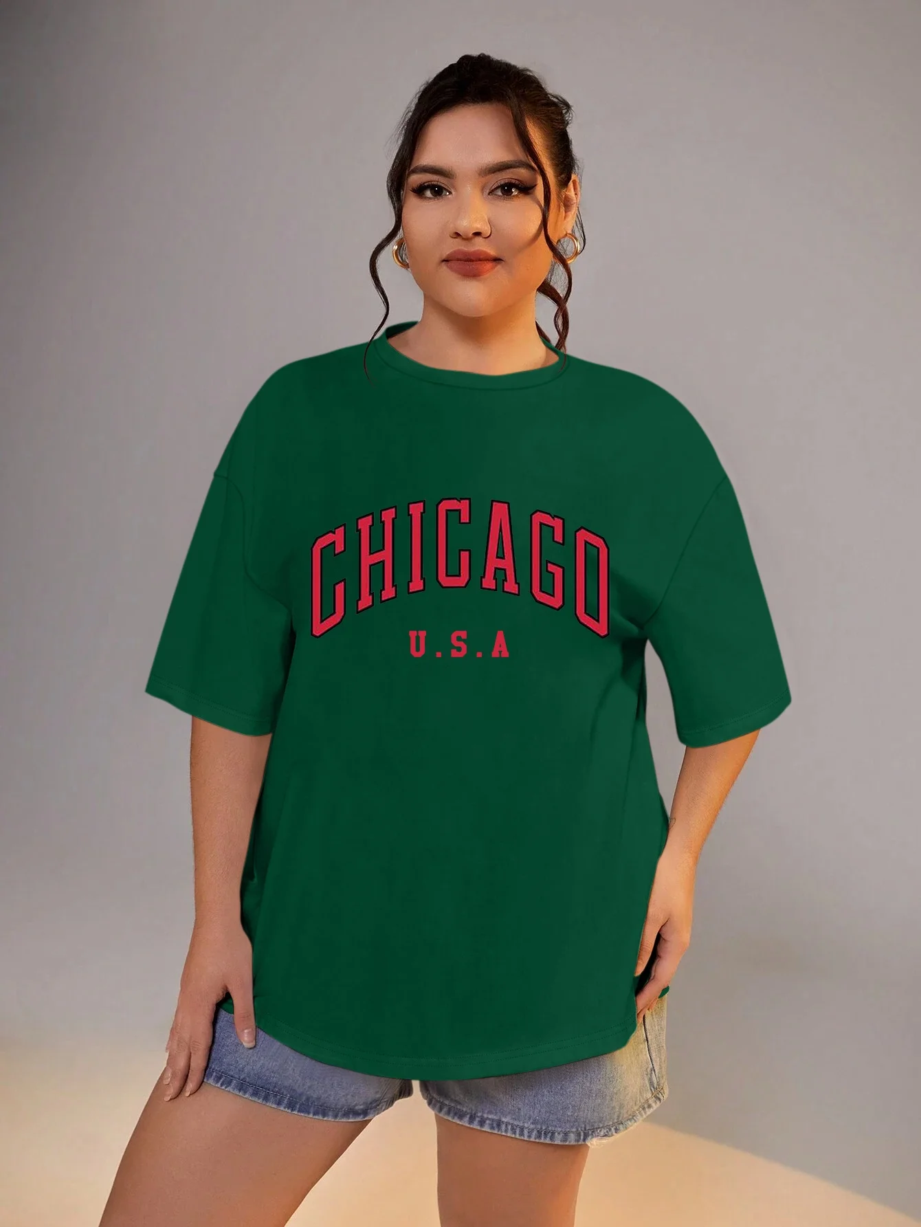 Women-s-Plus-Size-Clothing-Chicago-Letter-Print-Oversize-Short-Sleeve-T ...