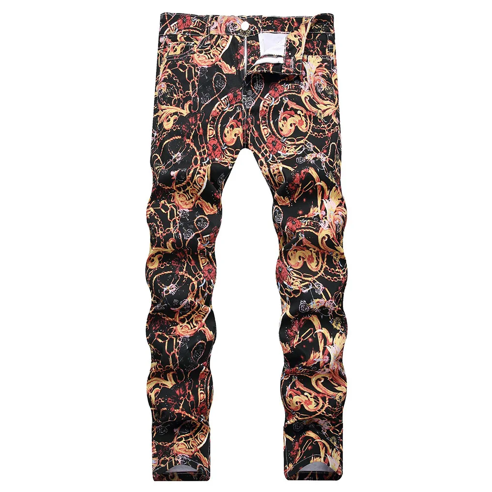 Men-Flower-Chain-Digital-Print-Pants-Fashion-Slim-Tapered-Stretch-Denim ...