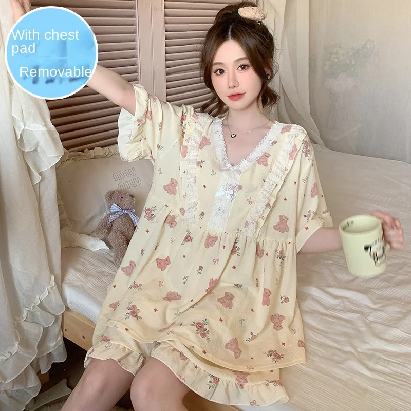Women-s-summer-bubble-cotton-short-sleeved-set-with-chest-cushion ...